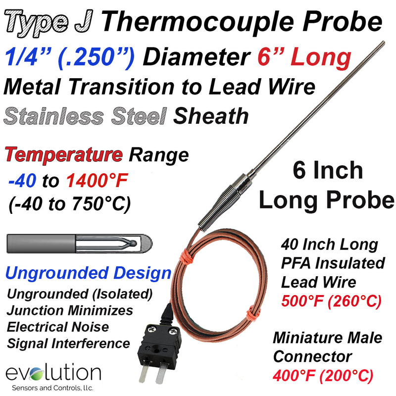 Type J Thermocouple Probe 6 Inches Long with Transition to Lead Wire ...