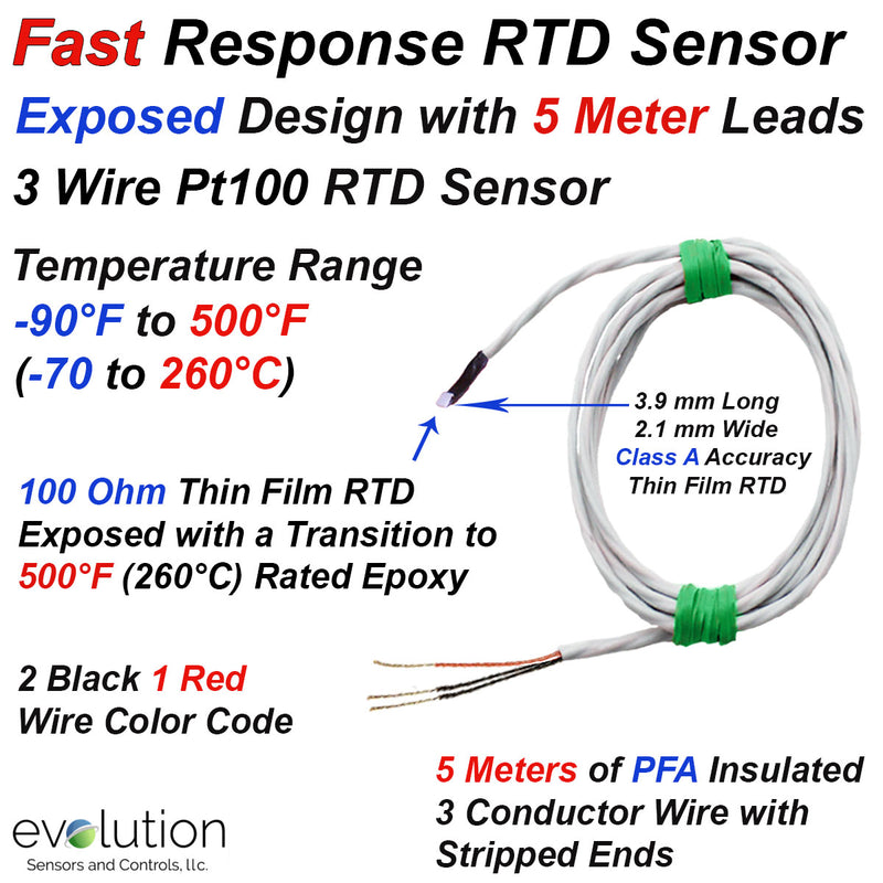 Fast Response Exposed RTD Temperature Sensor with 5 Meter Leads ...